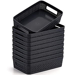 Frcctre 9 Pack Plastic Storage Baskets, Small Plastic Woven Storage Basket with Handles, Stackable Desktop Organizer Bins for Home, Kitchen, Pantry, Office, School, Classroom, 9.75"LX6.4"WX2.4"H