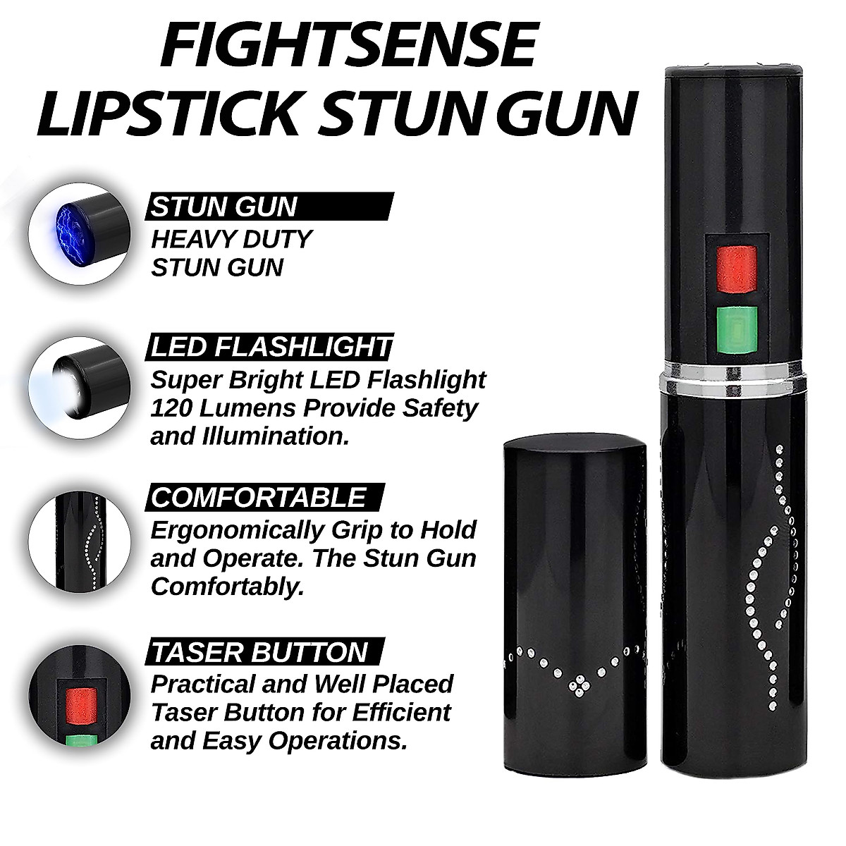 Wholesale (12 Pc) Flashlight Lipstick Stun Gun Women Self Defense Bright Led Flashlight - Rechargeable Battery (Black X12)