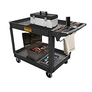 Utility Service Cart, 2-Shelf 500LBS Heavy Duty Plastic Rolling Utility Cart with 360° Swivel Wheels, Lipped Shelves, Ergonomic Storage Handle for Warehouse/Garage/Cleaning/Manufacturing
