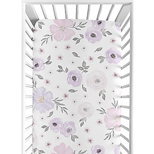 Sweet Jojo Designs Lavender Purple Boho Floral Girl Baby Fitted Crib Sheet Set Nursery Soft Infant Newborn Standard Mattress Toddler Bed Pink Grey White Bohemian Shabby Chic Rose Watercolor Flower