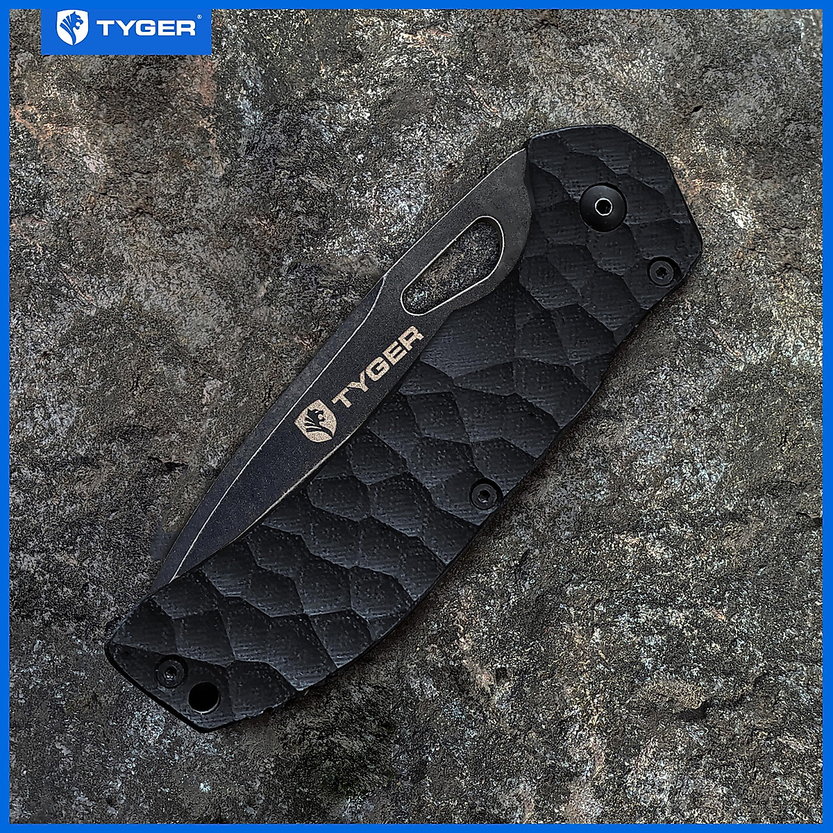 Tyger K4 EDC Folding Pocket Knife | Stone-washed AUS-8 Steel Blade with Black Titanium Ion Carbide Coating | Black G-10 Handle | TG-KF7A2858