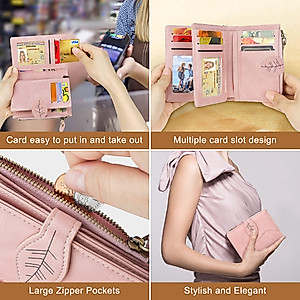 CONISY Small Wallet for Women, Compact Bifold Leather Wallet with Wristlet RFID Blocking Womens Wallet (Pink)