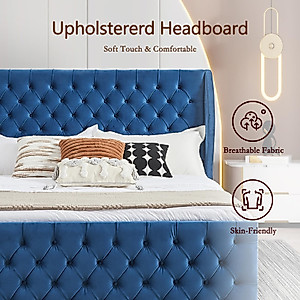 DUNTRKDU Queen Size Velvet Upholstered Platform Bed Frame with Button Tufted Headboard and Wingback, Wood Slat Support, No Box Spring Needed, Under Bed Storage (Blue)