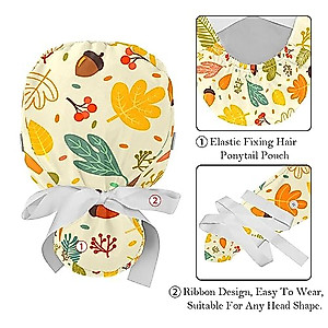 Autumn Leaves Acorns Bouffant Hat with Ribbon Ties & Buttons, 2 Packs Scrub Caps Women Long Hair, One Size Working Head Cover