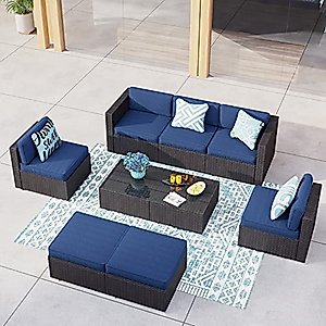 MFSTUDIO Outdoor Patio Furniture Set,9 Pieces All-Weather Wicker Outdoor Couch Sectional Sofa,Rattan Patio Conversation Set with Coffee Table, Blue Washable Cushion