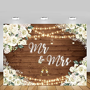 MEHOFOND 7x5ft White Floral Mr & Mrs Engagement Decorations Backdrop Couples Wedding Wooden Background Bride and Groom Engaged Ceremony Anniversary Bridal Shower Party Supplies Photobooth Props