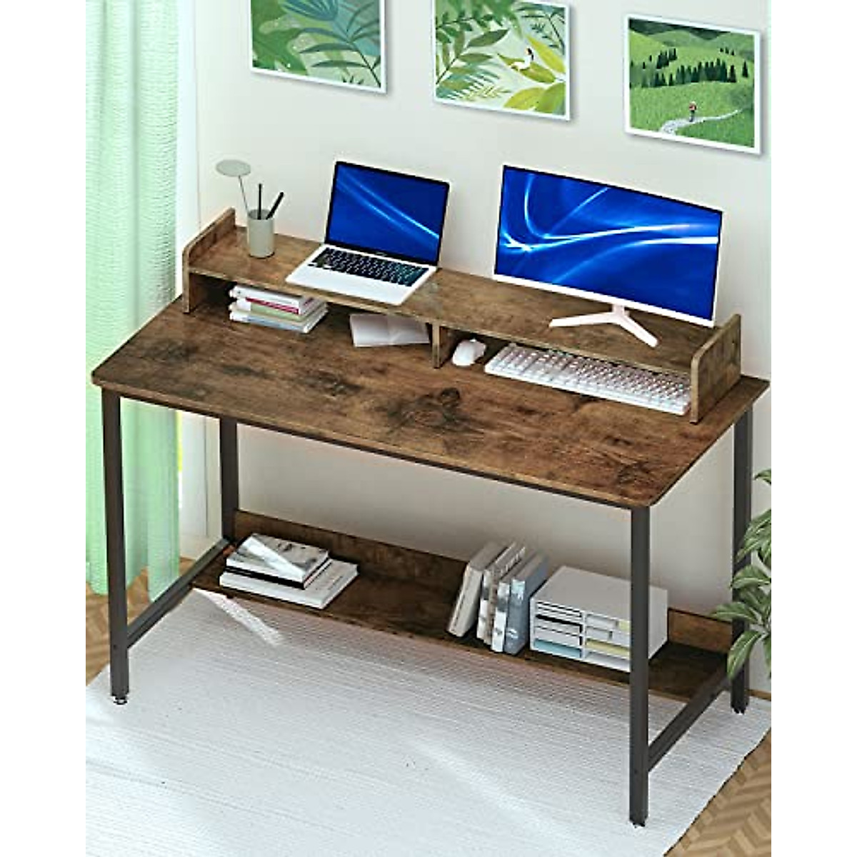 WOODYNLUX Computer Desk with Shelves, 43 Inch Gaming Writing Desk, Study PC Table Workstation with Storage for Home Office, Living Room, Bedroom, Metal Frame, Rustic.