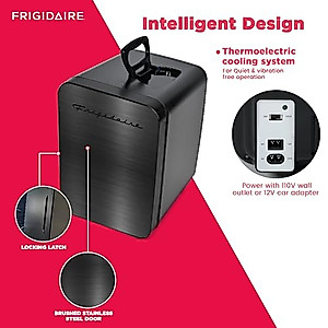 Frigidaire Mini Personal Fridge Cooler, Countertop, Holds Up to 10L/15 Cans, Brushed Black Stainless Rugged Design, Portable for Skincare, Makeup, Car, Office, Bedroom, Dorm Room, or Cabin