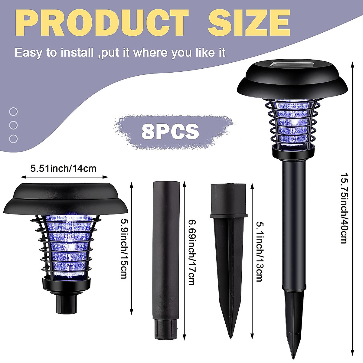 8 Pack 2 in 1 Bug Zapper Outdoor Waterproof Solar Mosquito Killer UV Fly Zapper Ground Plug Light for Home Kitchen Patio Backyard Camping