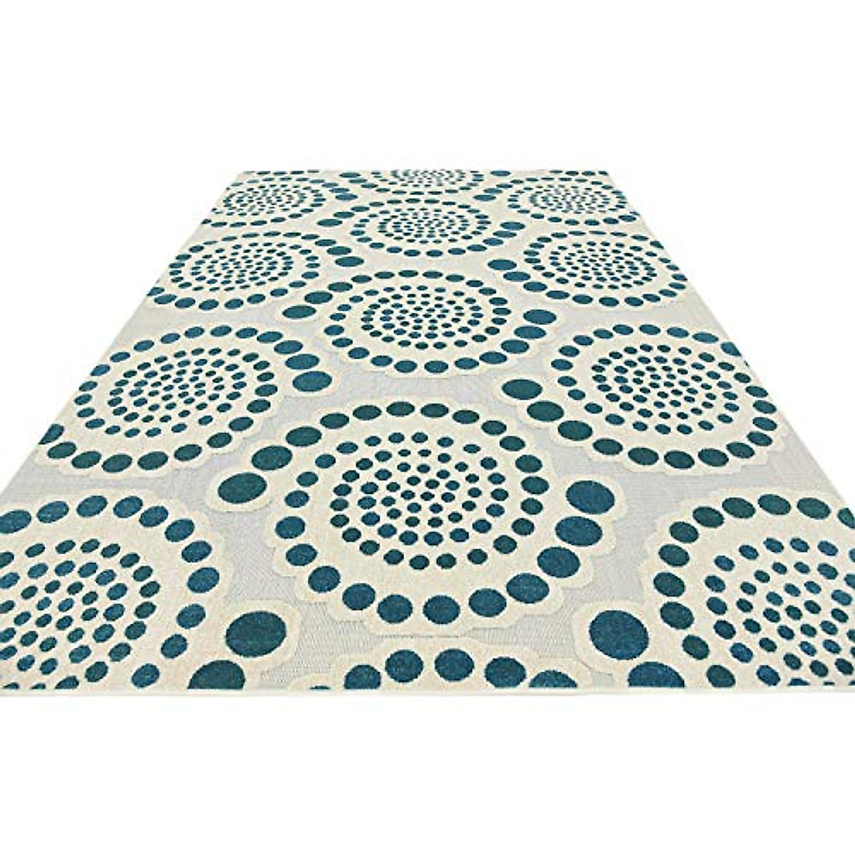 Unique Loom Modern Collection Geometric, Contemporary, Circles, Swirls, High-Low Pile, Indoor and Outdoor Area Rug, 7 ft x 10 ft, Ivory/Teal