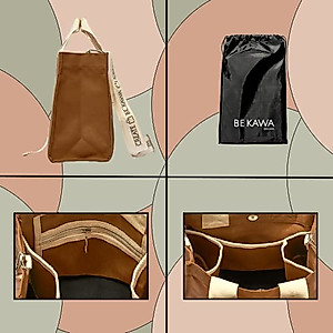be kawa Tote Bag of Canvas Cotton Minimalist Handbag Perfect Pockets Medium Size Fashion Crossbody Bag Comfortable Strap (BROWN)