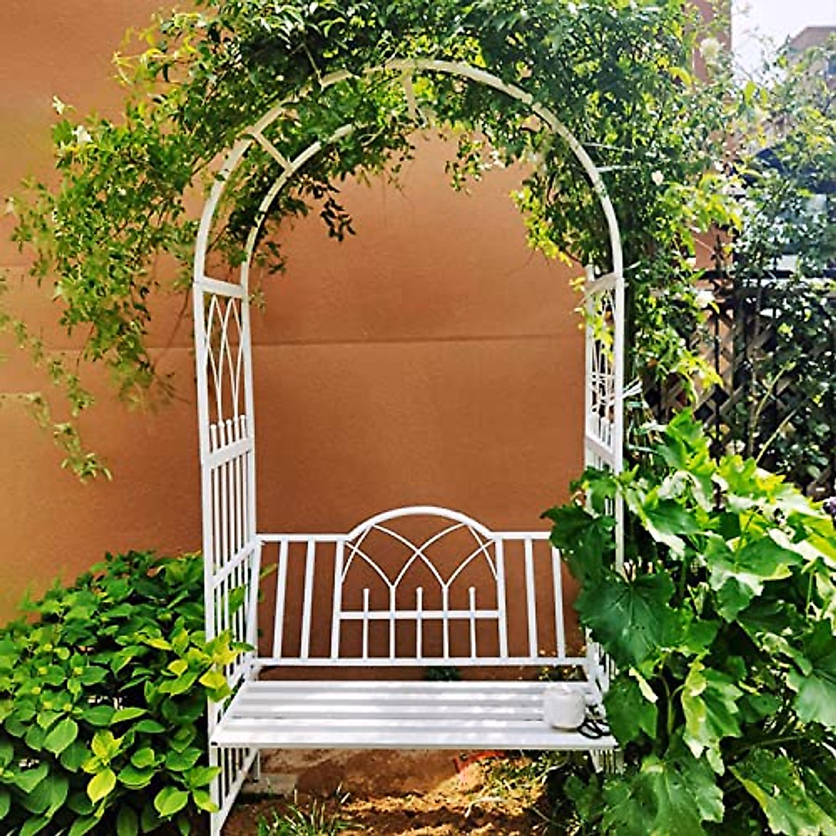 Outdoor Garden Archway with Bench Seat Metal Garden Arbor Trellis Garden Rose Arch 6.9ft x 3.7ft MetalGrape Rose Vines and Indoor Party Decoration (Black 114x210cm/3.7ftx6.9ft)