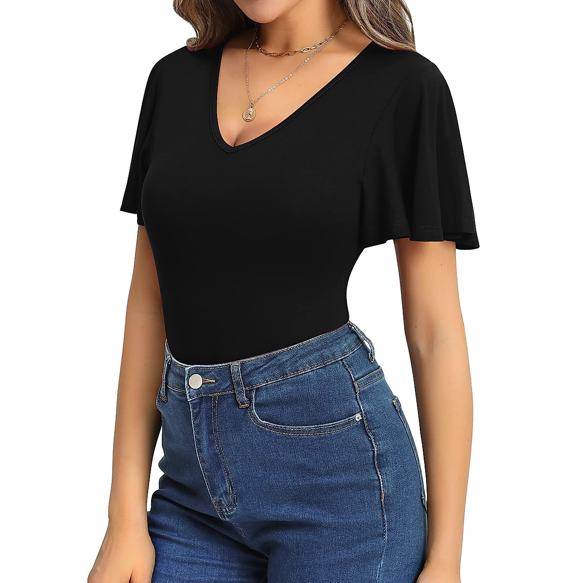 MANGOPOP Womens Deep V Neck Ruffle Short Sleeve Tops Sexy Bodysuit for Women Clothing