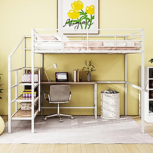 FANYHOME Metal Loft Bed, Full Size Metal Loft Bed with Desk and Lateral Storage Ladder, Modern Loft Bed for Kids Teens, Easy Assembly, Maximize Space Saving (White)