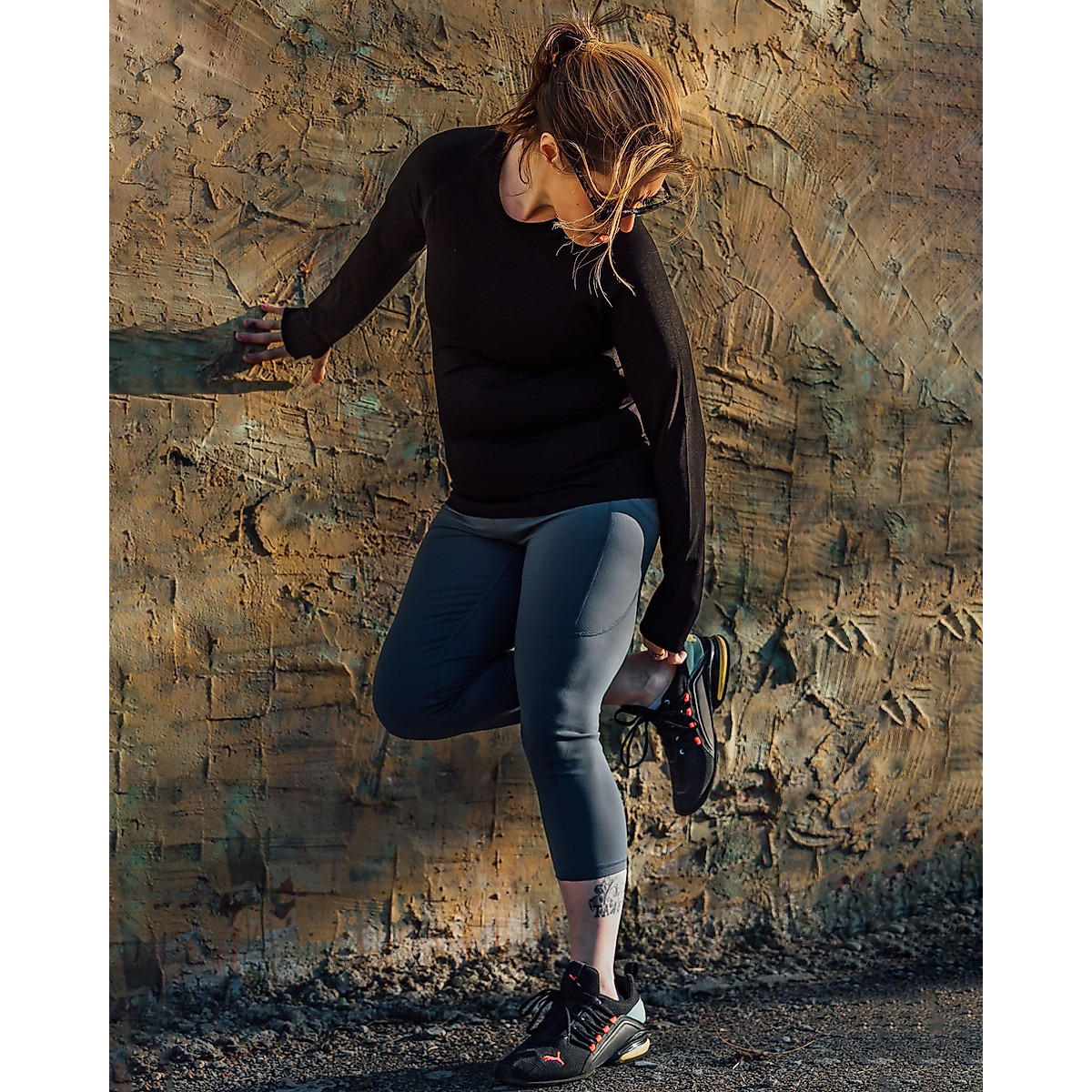 Stelle Womens High Waisted Legging Yoga Pants with Pockets for Gym Workout (Cotton Like Softness-Grey Blue, X-Large)