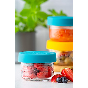 Kilner 0.125L Set of 2 Glass Store Pots 125ml with Push Top Silicone Lids | Perfect for Snacks & Food Storage, Clear, Blue and Yellow