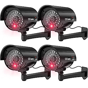 WALI Bullet Dummy Fake Surveillance Security CCTV Dome Camera Indoor Outdoor 1 Flashing LED Light and Security Alert Sticker Decals (Wl-B1-4), Black, 4 Pack