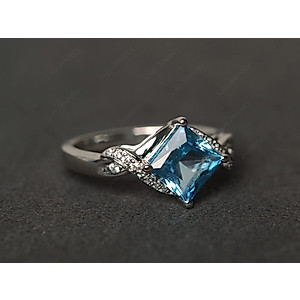 LUO 925 Sterling Silver Swiss Blue Topaz Ring Kite Set Square Cut 7X7 MM Engagement Ring for Women US Size 5