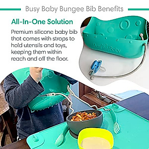 BUSY BABY Bungee Bib | Silicone Bib for Babies & Toddlers with Tethers | Attach Utensils and Keep Them Off The Floor | Dishwasher Safe, BPA Free (Spearmint)