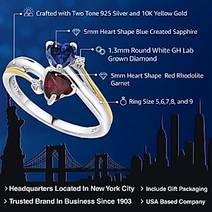 Gem Stone King 1.07 Ct Blue Created Sapphire Red Rhodolite Garnet 925 Silver and 10K Yellow Gold Lab Grown Diamond 2 Heart Promise Couple Engagement Mother Ring (Size 5)