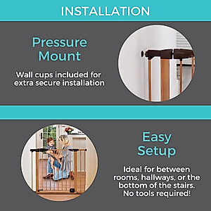 Toddleroo by North States Woodcraft Steel Baby Gate: Self-Closing Child Gate with Hold-Open Feature. Pressure Mounted Baby Gate with Door, Fits Openings 29.75” to 40.5” Wide. (30" Tall, Brown)