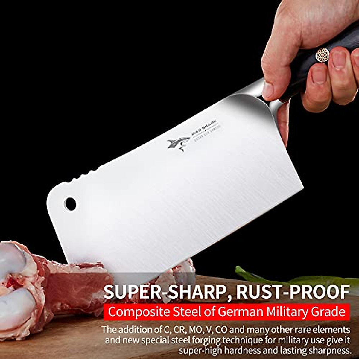 MAD SHARK Meat Cleaver, Professional 7.5 Inch Bone Chopping Butcher Knife with Heavy Duty Blade, German Military Grade Composite Steel, Chinese Chef's Bone Cutting Knife for Home Kitchen & Restaurant