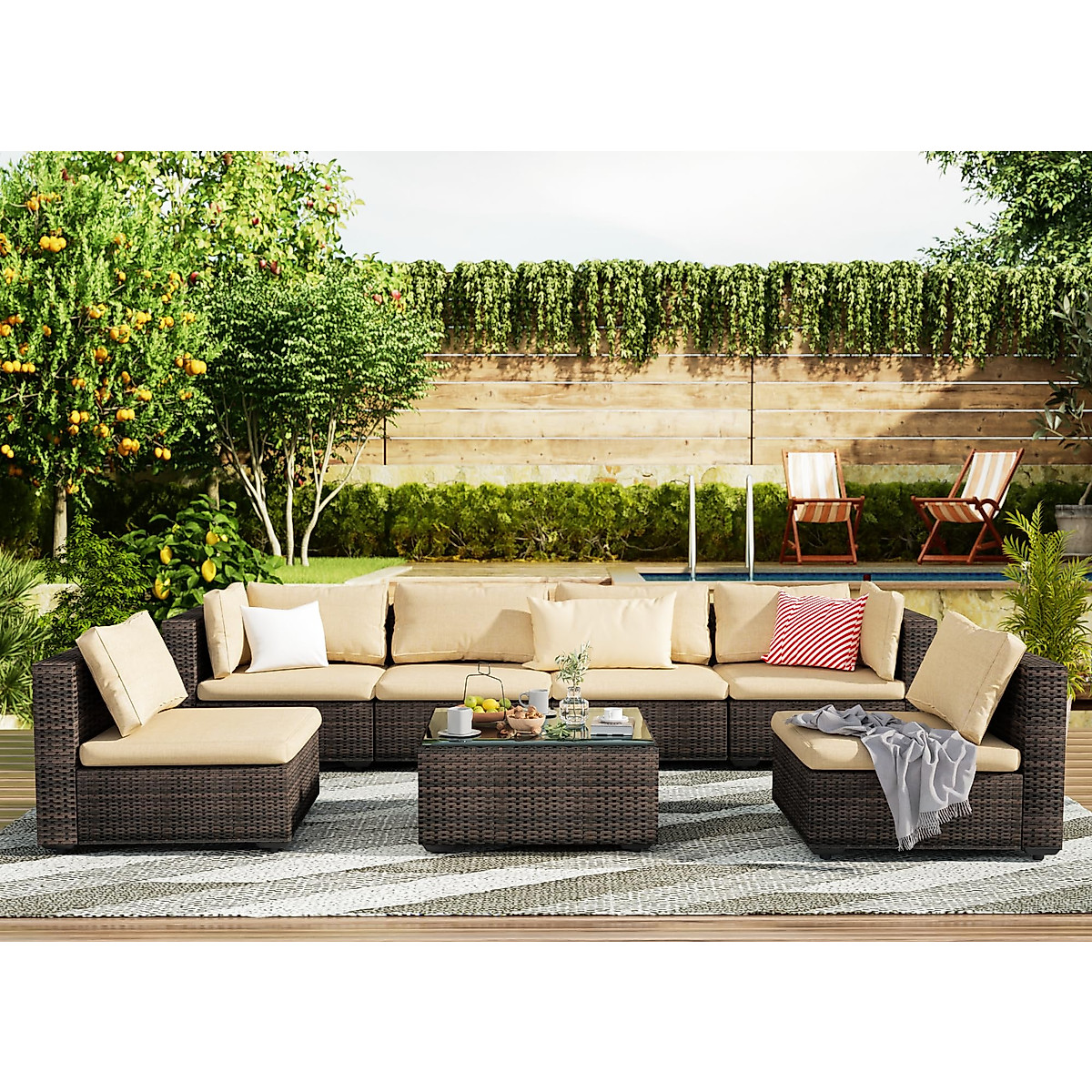 Grezone Patio Furniture Set 7 Piece Outdoor Wicker Sectional Sofa - All Weather PE Rattan Couch Conversation Set with Cushion & Glass Top Table for Backyard Deck Porch,Beige