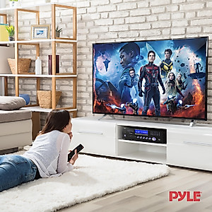 Pyle 4-Channel Wireless Bluetooth Power Amplifier - 1000W Stereo Speaker Home Audio Receiver w/FM Radio, USB, Headphone, 2 Microphone w/Echo, Front Loading CD DVD Player, LED, Rack Mount, Black