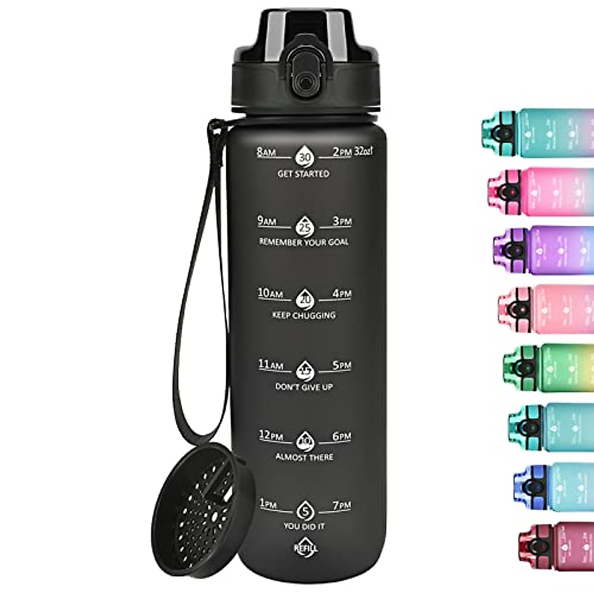 GOSWAG 32oz Motivational Water Bottles with Time Marker and Fruit Strainer, Sports Water Bottle with Times to Drink, Leakproof, Reusable Plastic Bottle with Strap no Straw for Gym, School