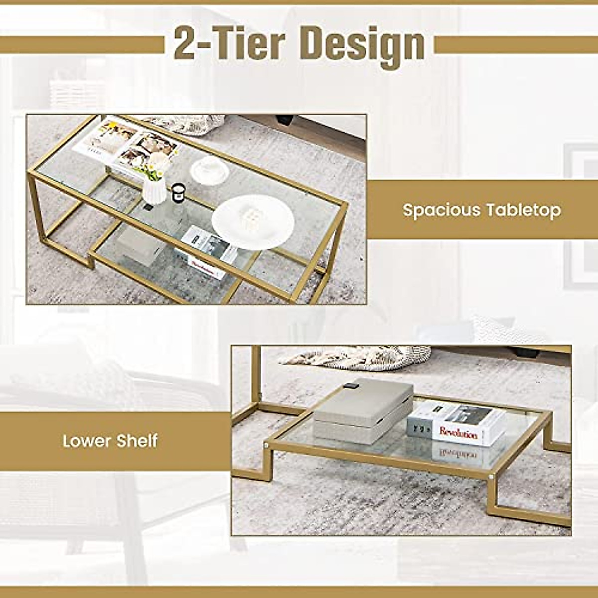 NAFORT Tempered Glass Coffee Table, 45 Inch Gold Rectangular Modern Center Table with Lower Storage Shelf, Sturdy Metal Frame, for Living Room Home Office/Gold