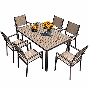 Homall 7 Pieces Patio Dining Set Outdoor Furniture with 6 Stackable Textilene Chairs and Large Table for Yard, Garden, Porch and Poolside (Beige)