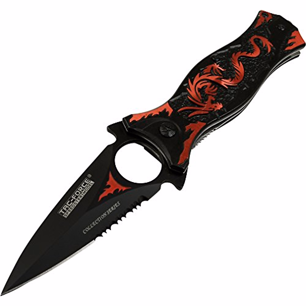 Tac-Force- Spring Assisted Folding Pocket Knife – Black Partially Serrated Blade, Black Aluminum Handle w/ Red Dragon Design, Glass Punch and Pocket Clip, Tactical, EDC, Rescue - TF-707RD
