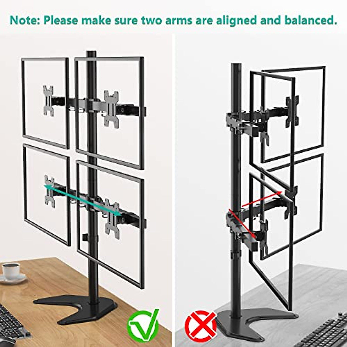 WALI Quad Monitor Stand, Free Standing 4 Monitor Stand Fully Adjustable Desk Mount Fits Monitors up to 27 Inch, Holds up to 17.6 lbs per Arm (MF004), Black