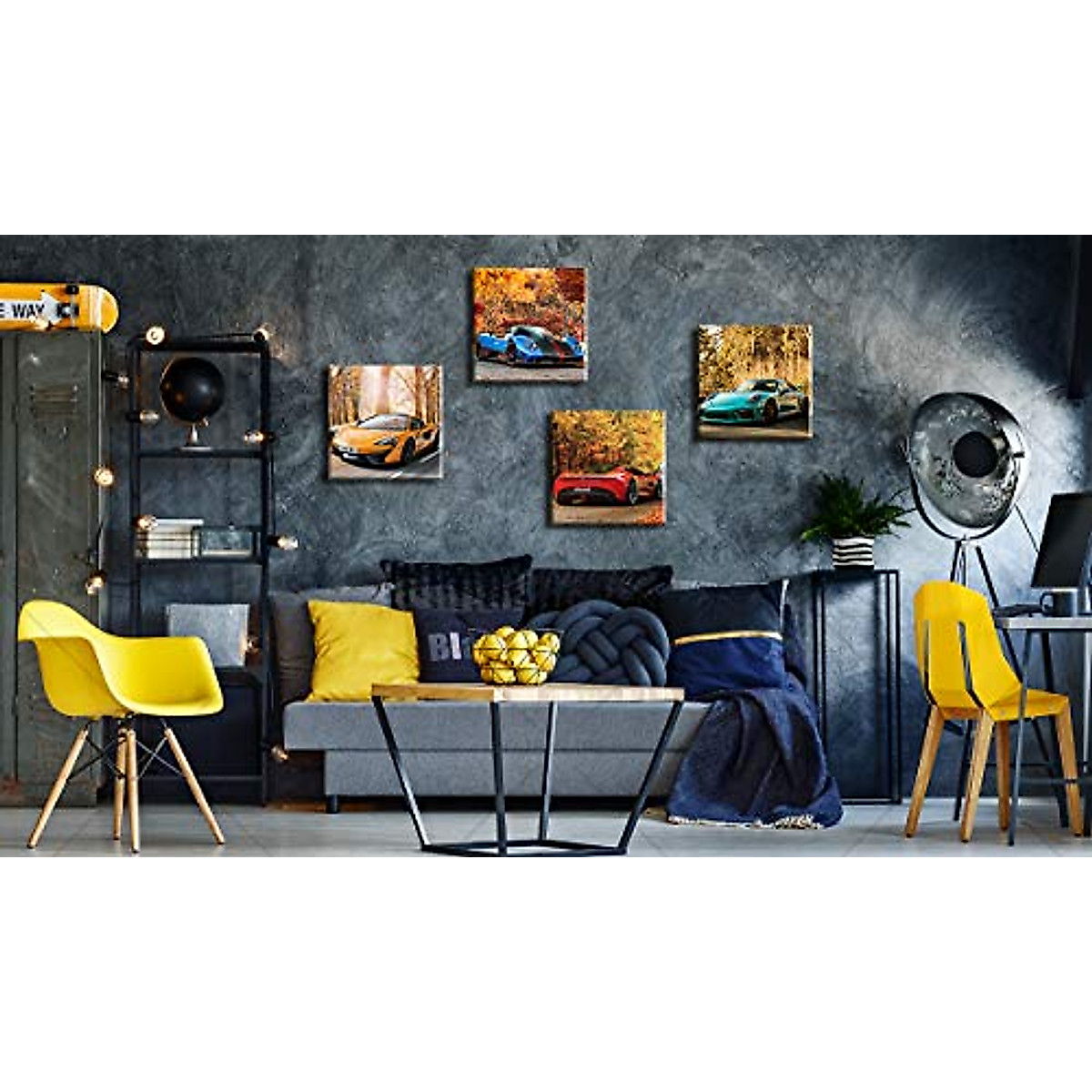 DJSYLIFE Car Posters Boys Room Decor Wall Art Giclee Canvas Prints Autumn Landscape Red Sport Car Pictures Modern Artwork for Bedroom Home Decorations Painting 12x12 inchesx4 Framed Ready to Hang