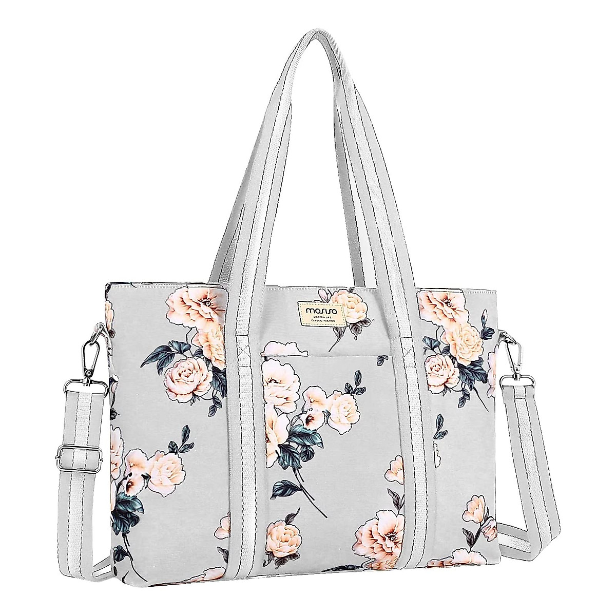 MOSISO Laptop Tote Bag for Women (17-17.3 inch), Canvas Camellia Multifunctional Work Travel Shopping Duffel Carrying Shoulder Handbag, Grey