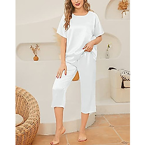 SWOMOG Womens 2 Piece Satin Pajamas Silk Short Sleeve Pjs Sets Capri Bottom Pajama Pants Loose Outfit with Pockets White X-Large