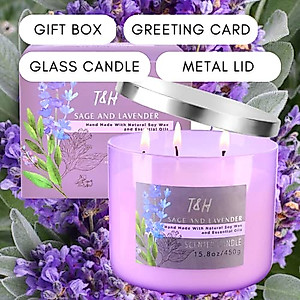 Sage Lavender Scented Candle 3 Wick | Aromatherapy Relaxing & Energy Cleansing Candle with Cedarwood, Clove & Eucalyptus 15.8 oz | Sage Candles for Cleansing House | Large Natural Soy Candles for Home