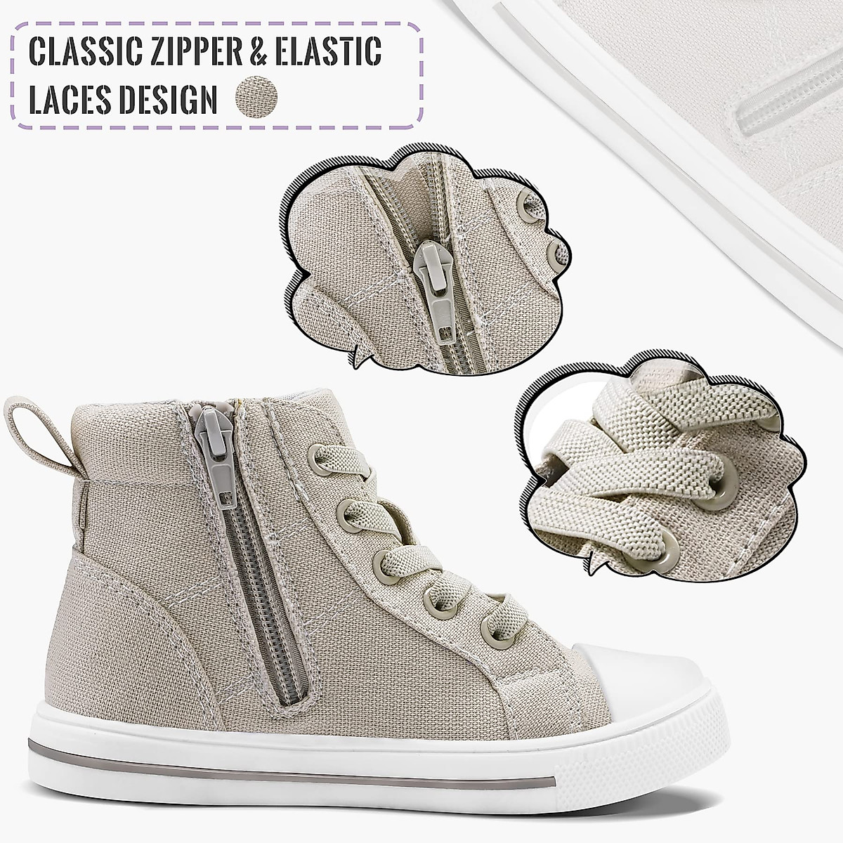 K KomForme Kids Sneakers for Boys and Girls Toddler Canvas High Top Walking Causal Shoes with Zipper Grey