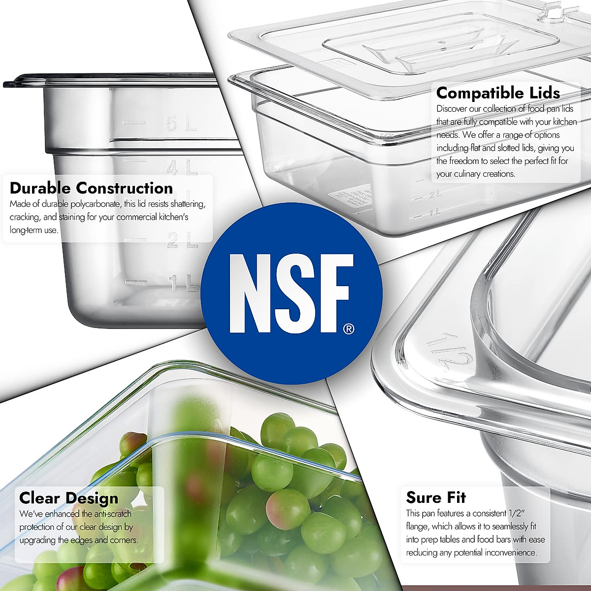 CURTA 6 Pack NSF Food Pans, Half Size 4 Inch Deep, Commercial Polycarbonate Plastic Clear Freezer-Safe