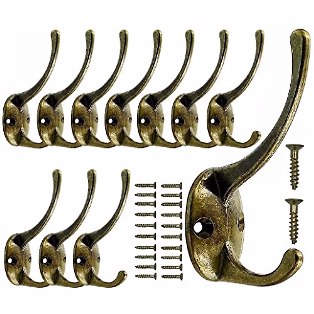11 Pack Dual Wall Hooks Heavy Duty Made of Metal Wall Mounted with 22 Screws Hooks Fits for Coat,Bag,Towel,Hat,Key,Robes,Retro (Antique Brass, 11PCS)
