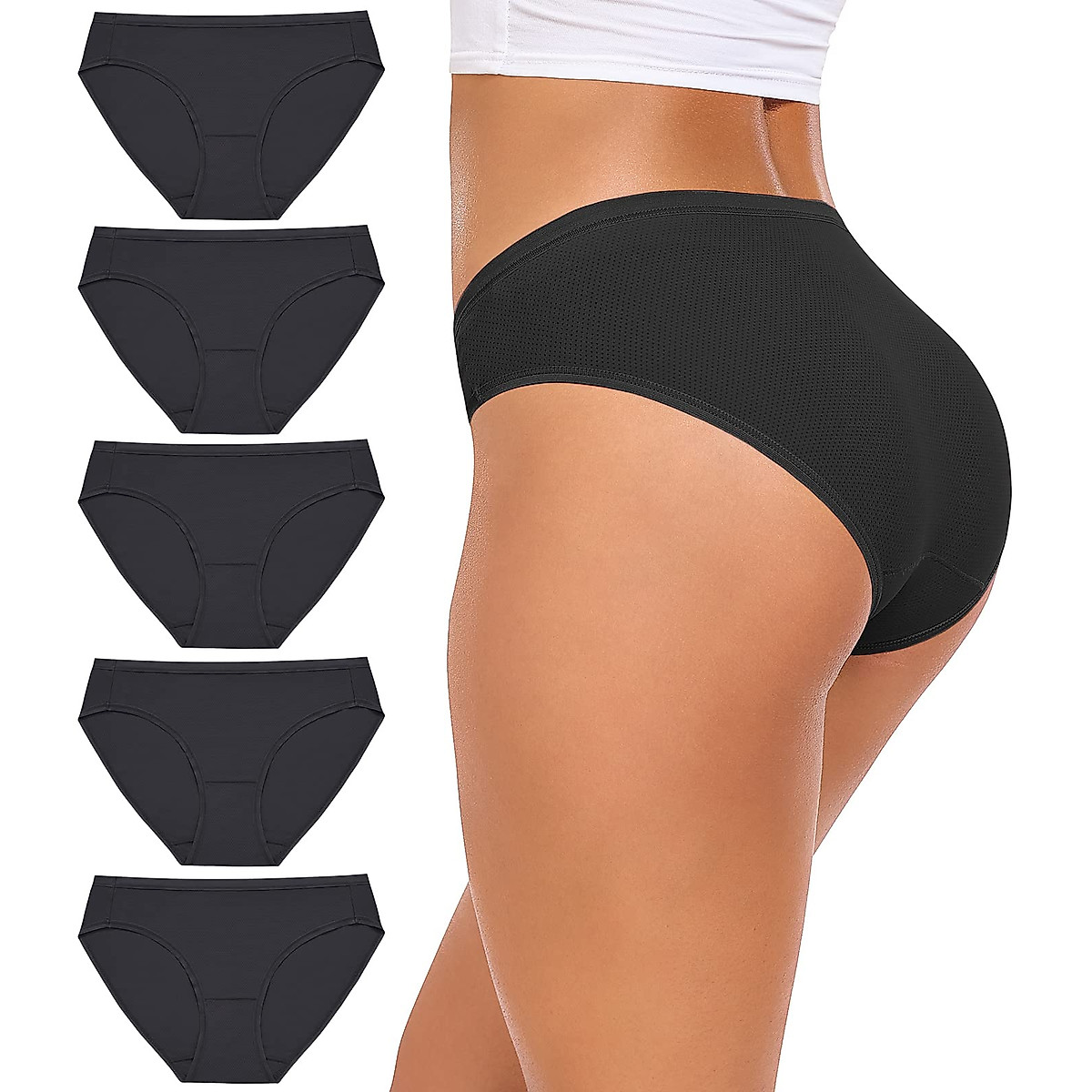 RHYFF Womens Underwear Breathable Mesh Bikini Panties Stay Fresh Ladies Panty Stretches Soft Hipster Briefs Travel Underpants（R7002-Black-XL）