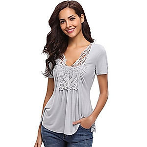 MISS MOLY Peasant Tops for Women Deep V-Neck Lace Ruched Front Ruffle Long Sleeve Blouse Pleated Shirts, Gray, Large