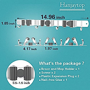 Hanjaytop Mop and Broom Organizer Wall Mounted, Stainless Steel Heavy Duty Garden and Kitchen Garage Tool Organizer Wall Holder for Home Goods (3 Racks 4 Hooks)