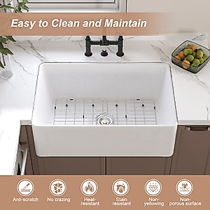 HOROW HRSW Farmhouse Kitchen Sink, 30 x 20 Single Bowl Sink with Bottom Grid & Strainer,Large Apron-front Ceramic Porcelain Sink Basin, 20"D x 30"W x 10"H, White