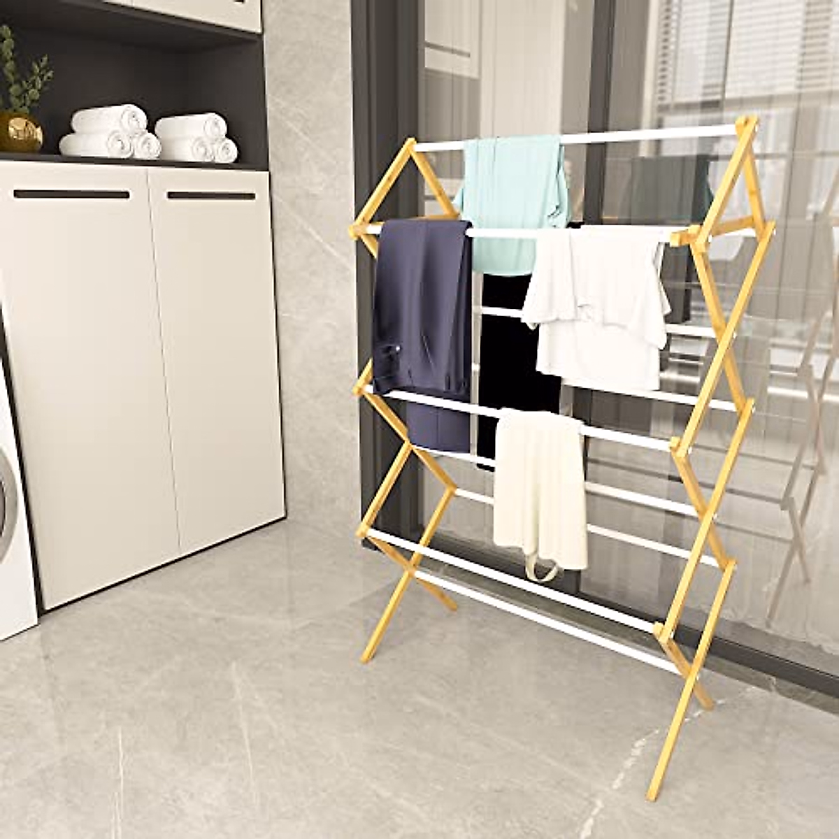 Disracker Folding Clothes Drying Rack Collapsible Bamboo Hanging Clothes Rack Portable Laundry Racks for Drying Clothes with Metal Rod 35 Inch