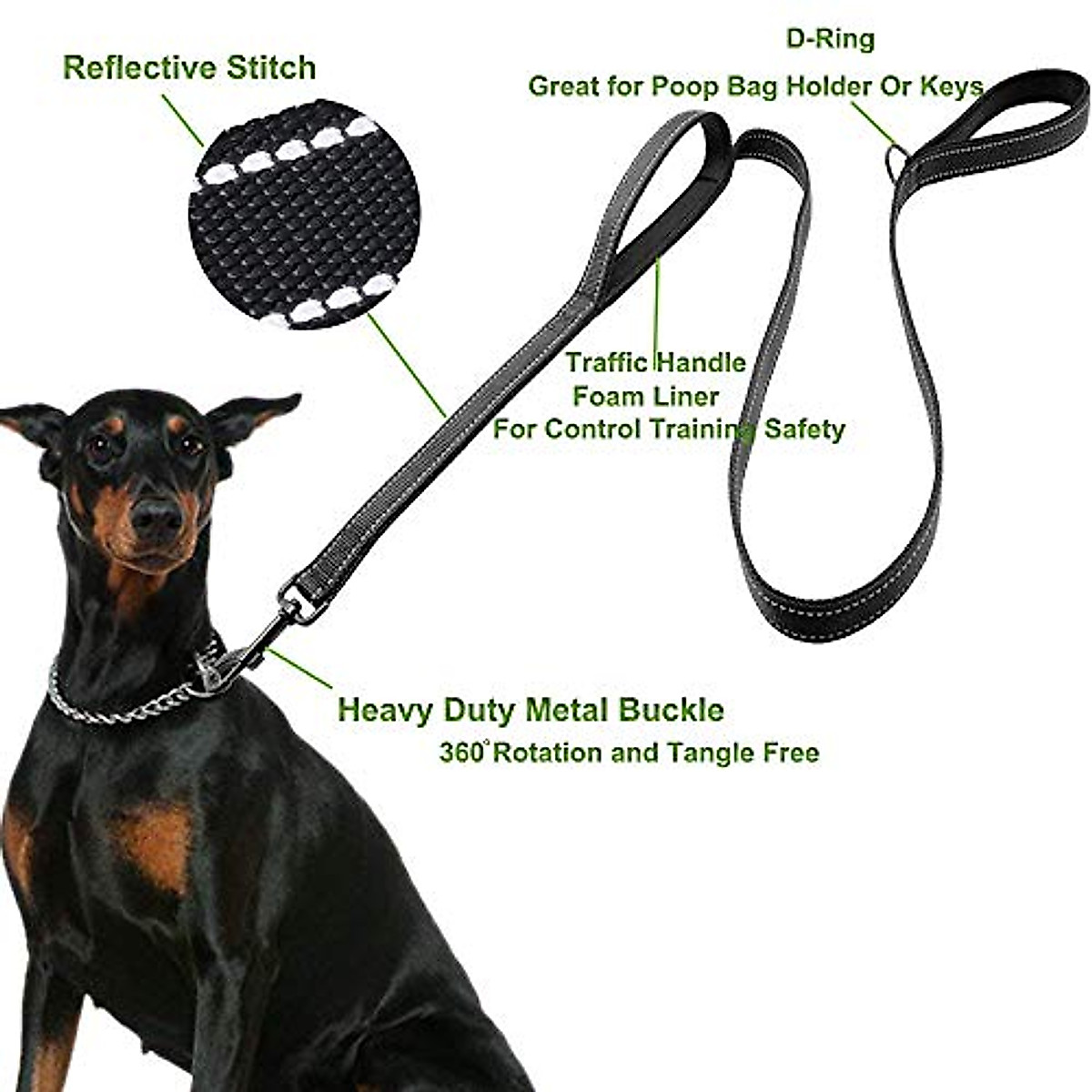 Dog Leash for Large Dogs, Traffic Padded 2 Handles for Extra Control, 6 FT Long with Reflective Stitch for Night Walking Black