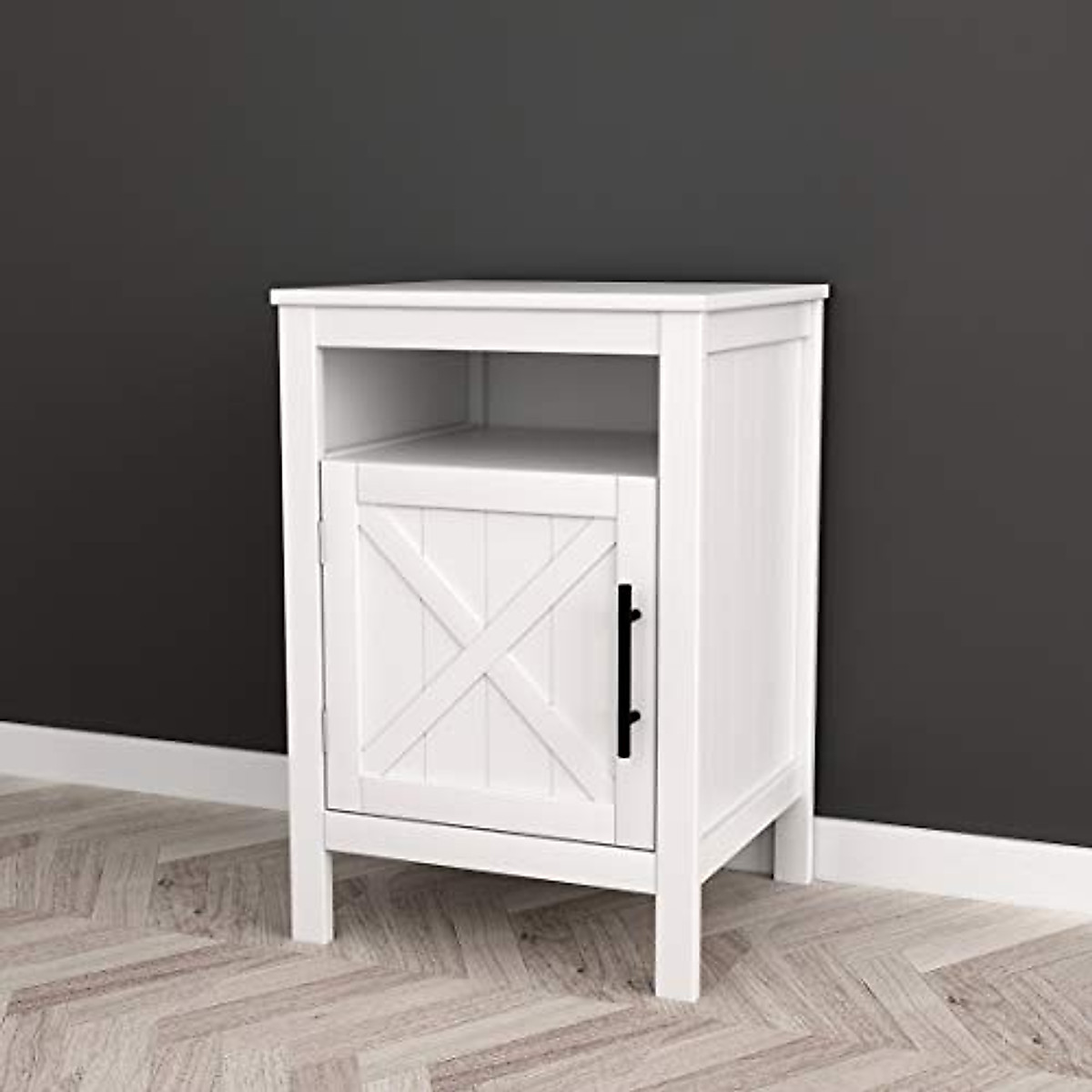 White Finish Nightstand Side End Table with Door Cabinet and Open Shelf 26" H