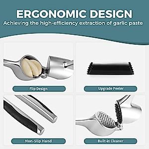 KITEXPERT Garlic Press, Premium Garlic Mincer with Ergonomic Grip Handle, Professional Garlic Presser Crusher and Peeler Set, Sturdy Ginger Press for Nuts & Seeds, Easy to Clean and Dishwasher Safe