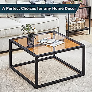 SAYGOER Glass Coffee Table Modern Coffee Tables Simple Square Center Table for Living Room Home Office Tempered Glass-top with Sturdy Metal Frame 26.7 x 26.7 x 15.7 Inches Easy Assembly, Brown Glass