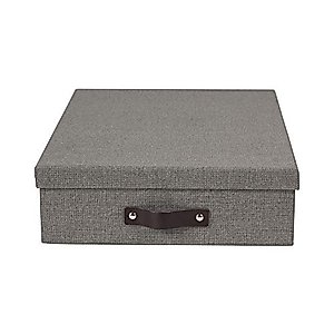 Bigso Oskar Canvas Fiberboard Document Letter Box | File Organizer Document Box for Important Paperwork | Document Storage Box with a Lid & Leather Handle | 3.3″x10.2″x13.8″ | Gray